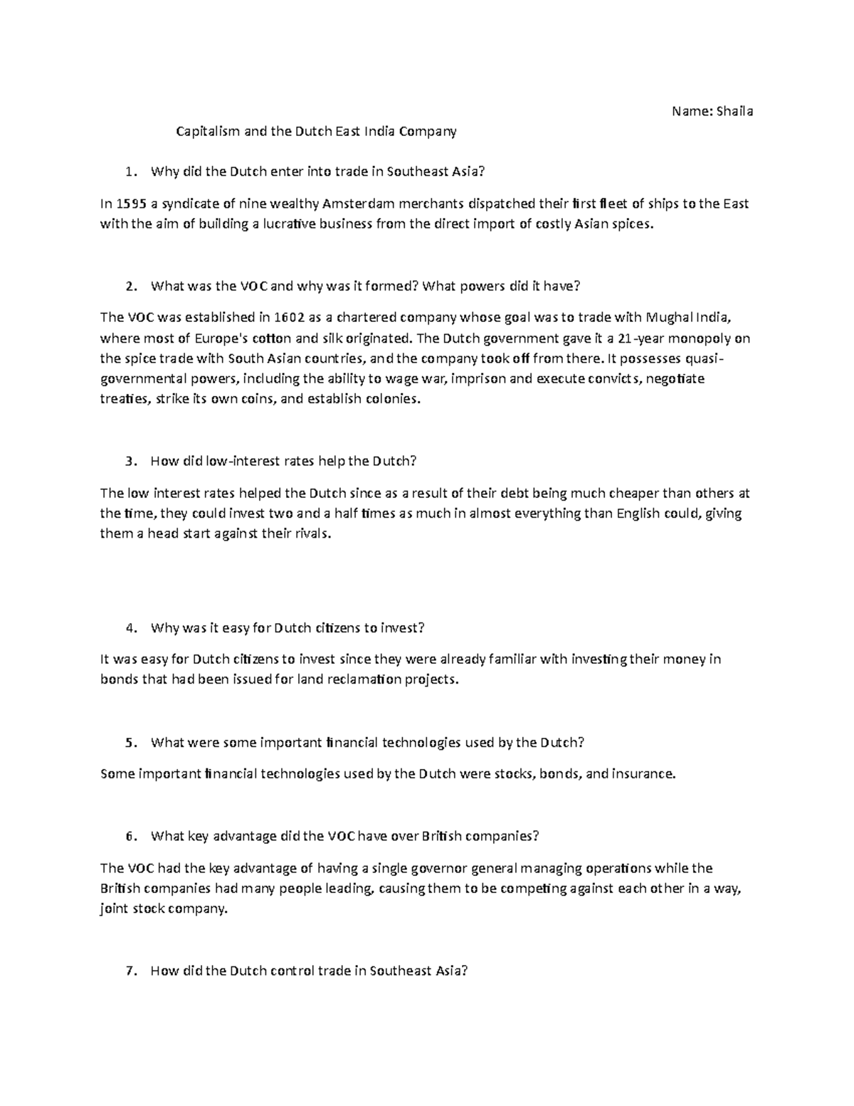 Capitalism and the Dutch East India Company Video Questions - Name ...