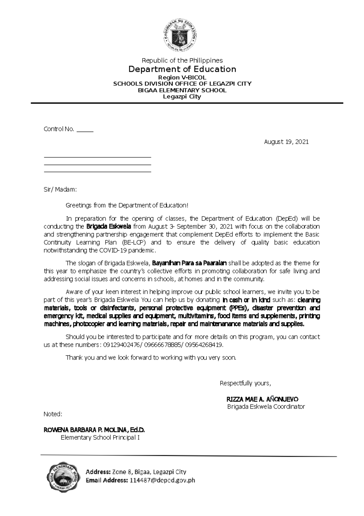 520920702 Brigada Eskwela 2021 Letters Statement of Interest - Republic ...