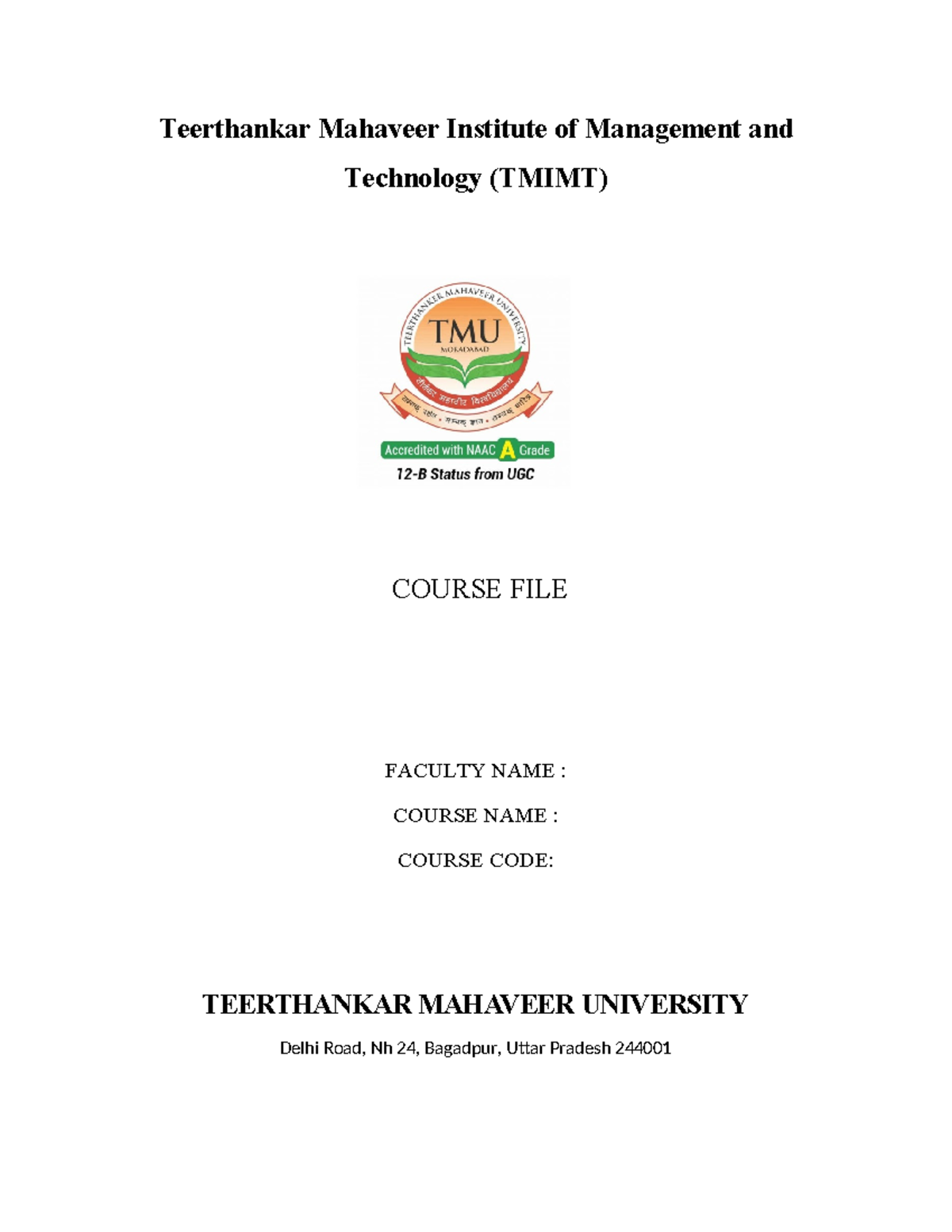 Course FILE Cover PAGE - MBA - Teerthankar Mahaveer Institute of ...