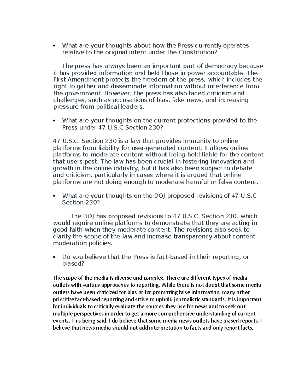 Article Assignment - What are your thoughts about how the Press ...