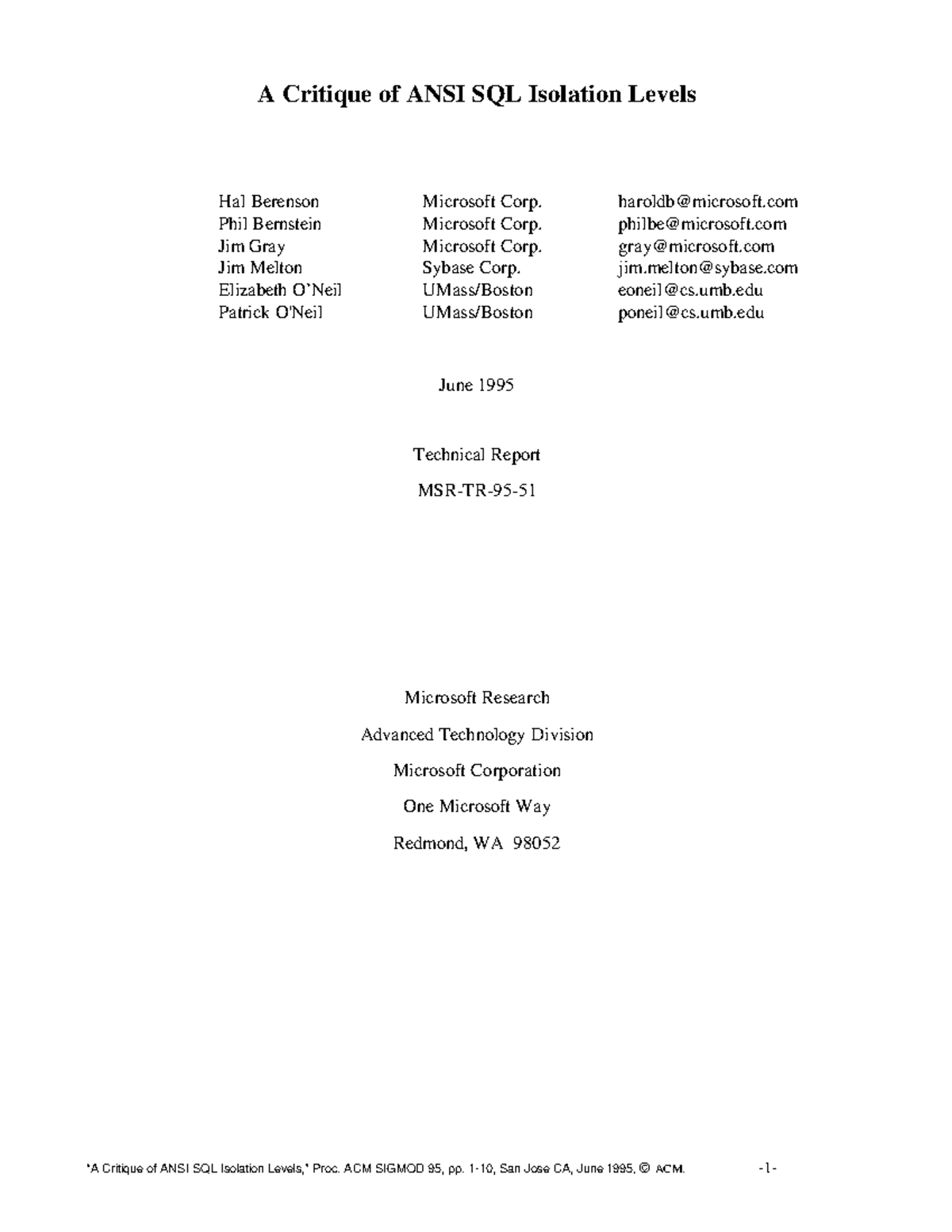 Critique Isolation Levels - “A Critique of ANSI SQL Isolation Levels ...