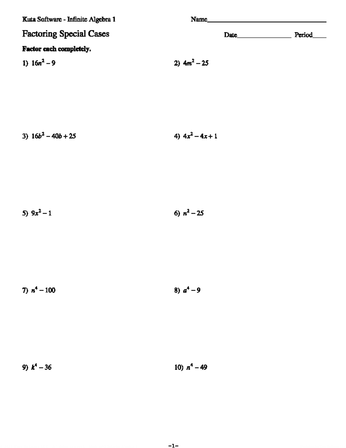 Factoring Special Cases no answers - Kuta Software Infinite Algebra 1 ...