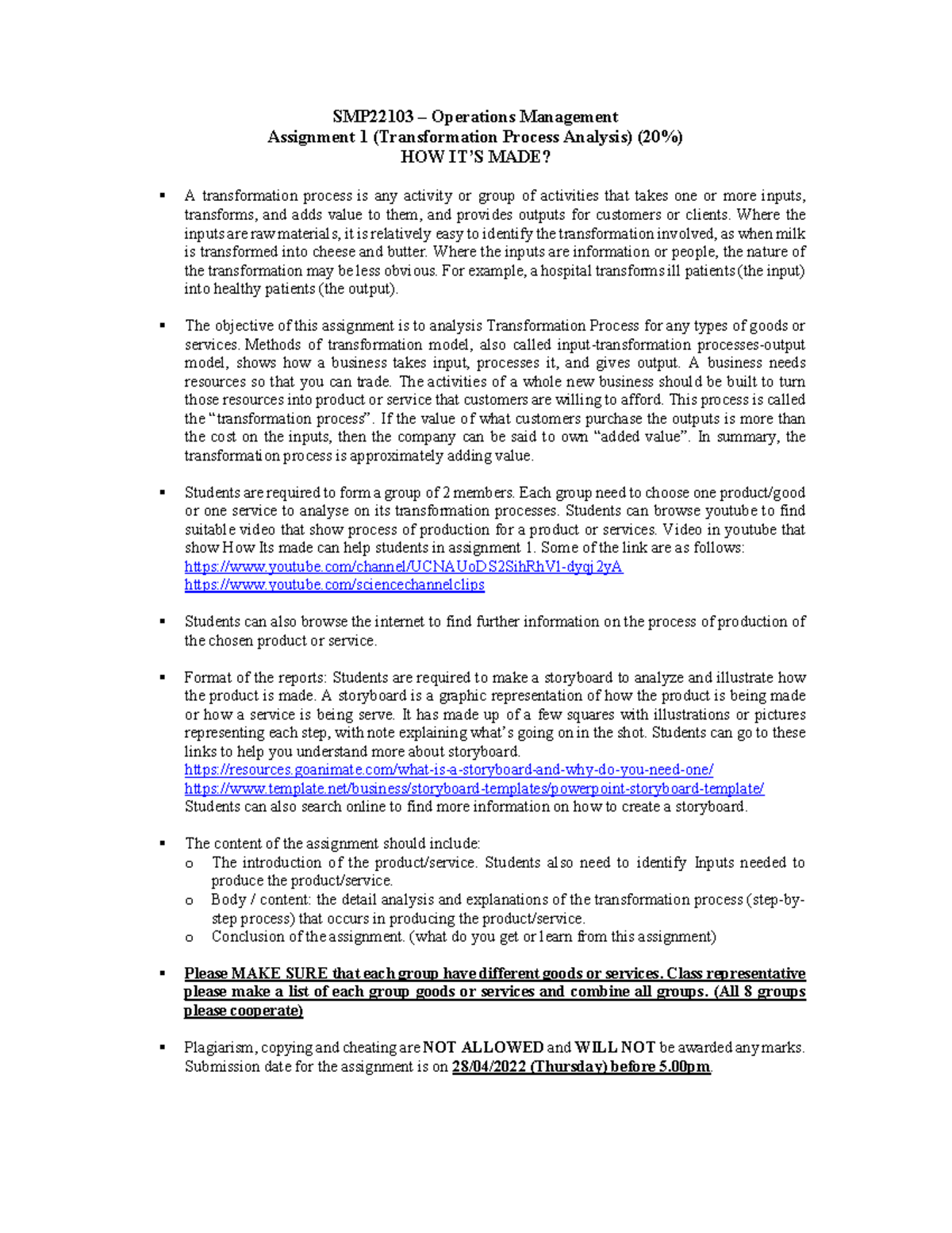 SMP22103 - Assignment 1 outline - SMP22103 3 Operations Management ...