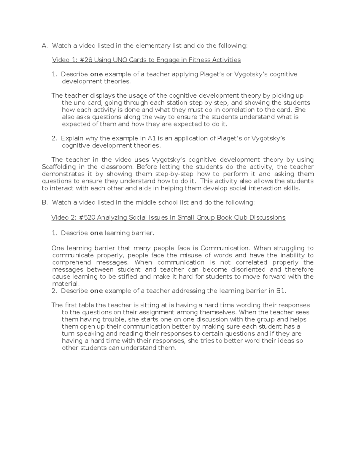 Psyc paper - A. Watch a video listed in the elementary list and do the ...