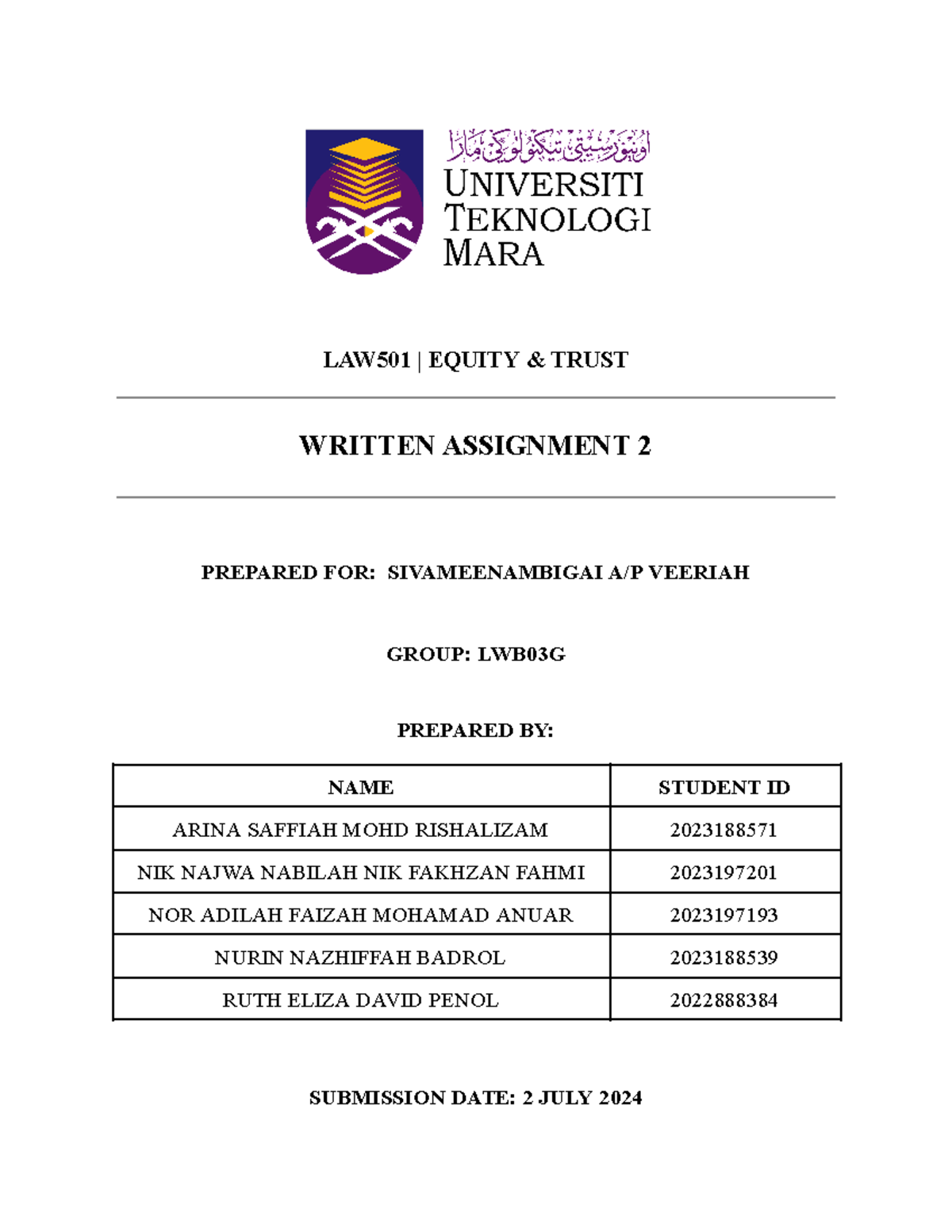 LAW501 Assignment 2 Equity - LAW501 | EQUITY & TRUST WRITTEN ASSIGNMENT ...