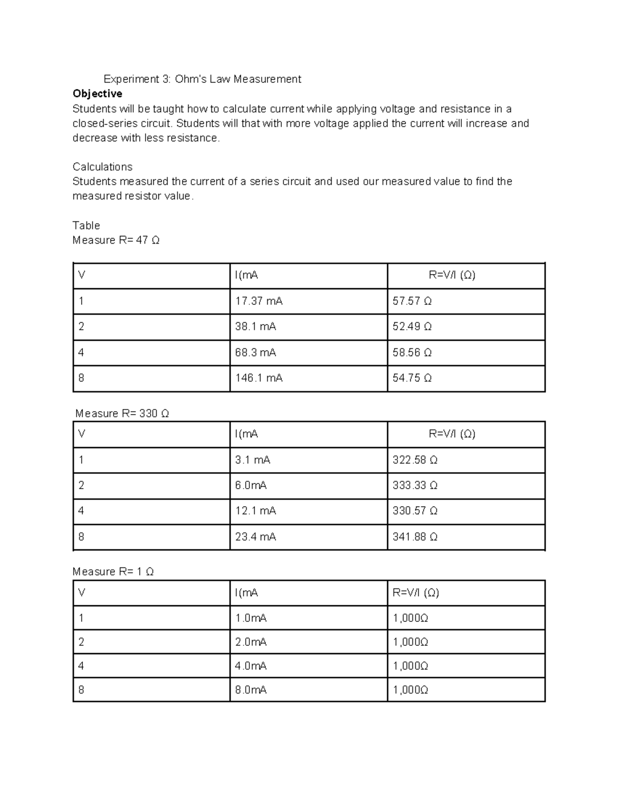 Lab 3 - lab3 - Experiment 3: Ohm’s Law Measurement Objective Students ...