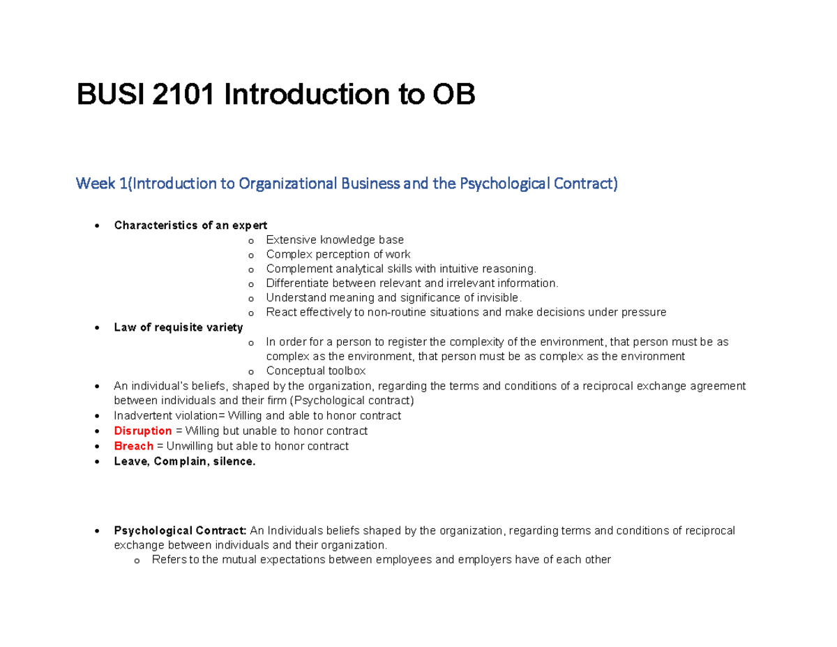 Busi 2101 Notes Busi 2101 Introduction To Ob Week 1 Introduction To Organizational Business