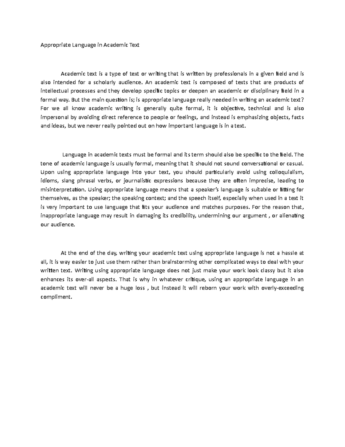 Appropriate Language in Academic Text - Appropriate Language in ...