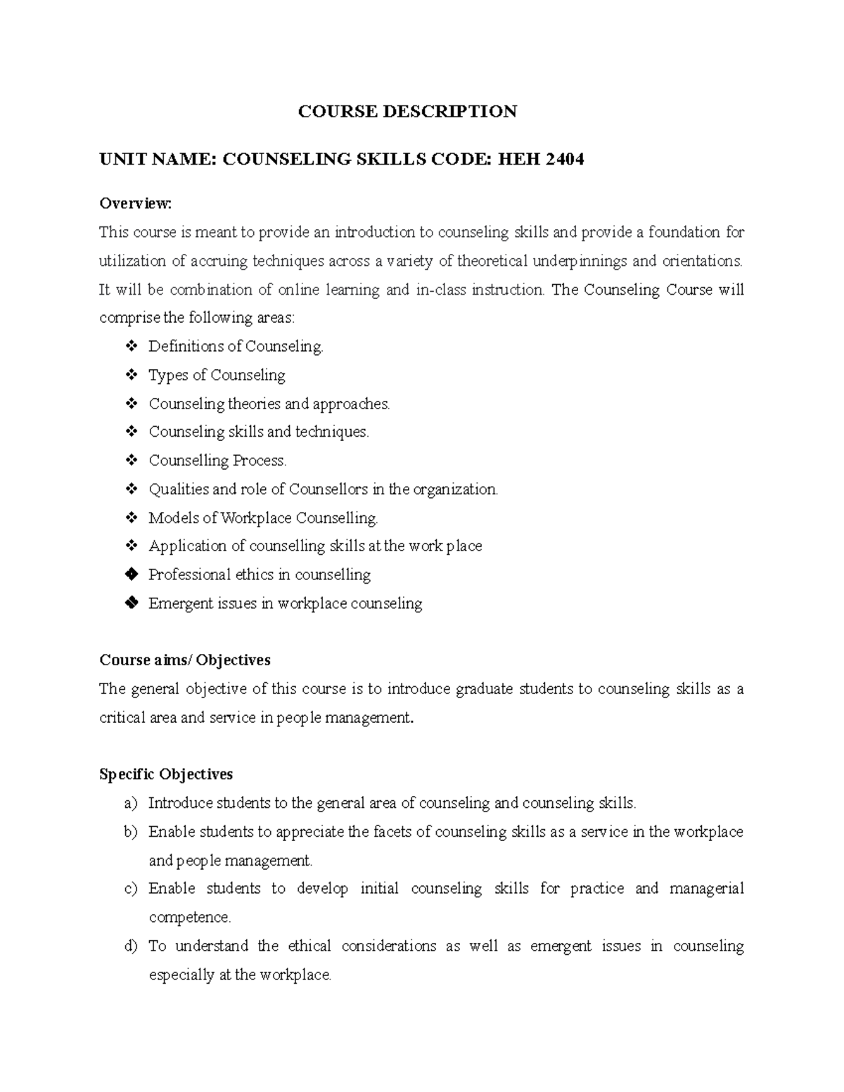 Counseling Skills Bhrm January - April 2023 - COURSE DESCRIPTION UNIT ...