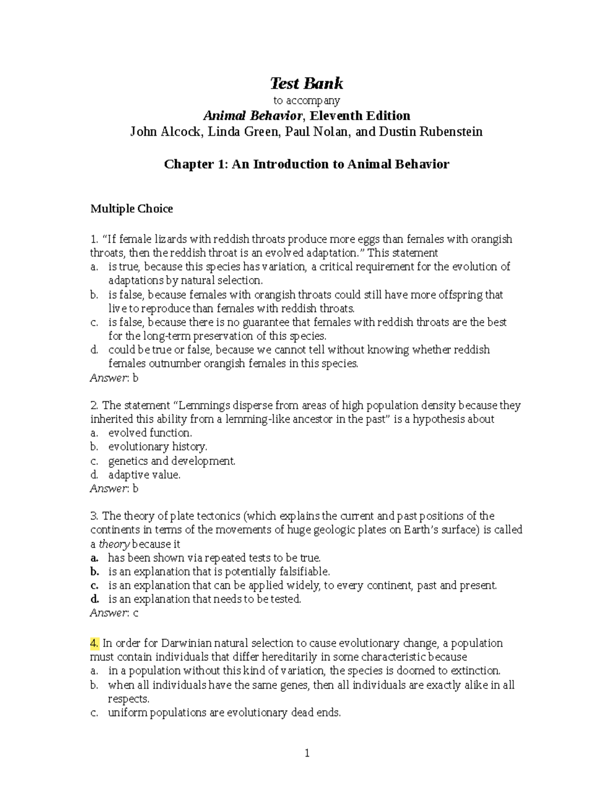 AB11e Ch01 Test Bank answers - Test Bank to accompany Animal Behavior ...