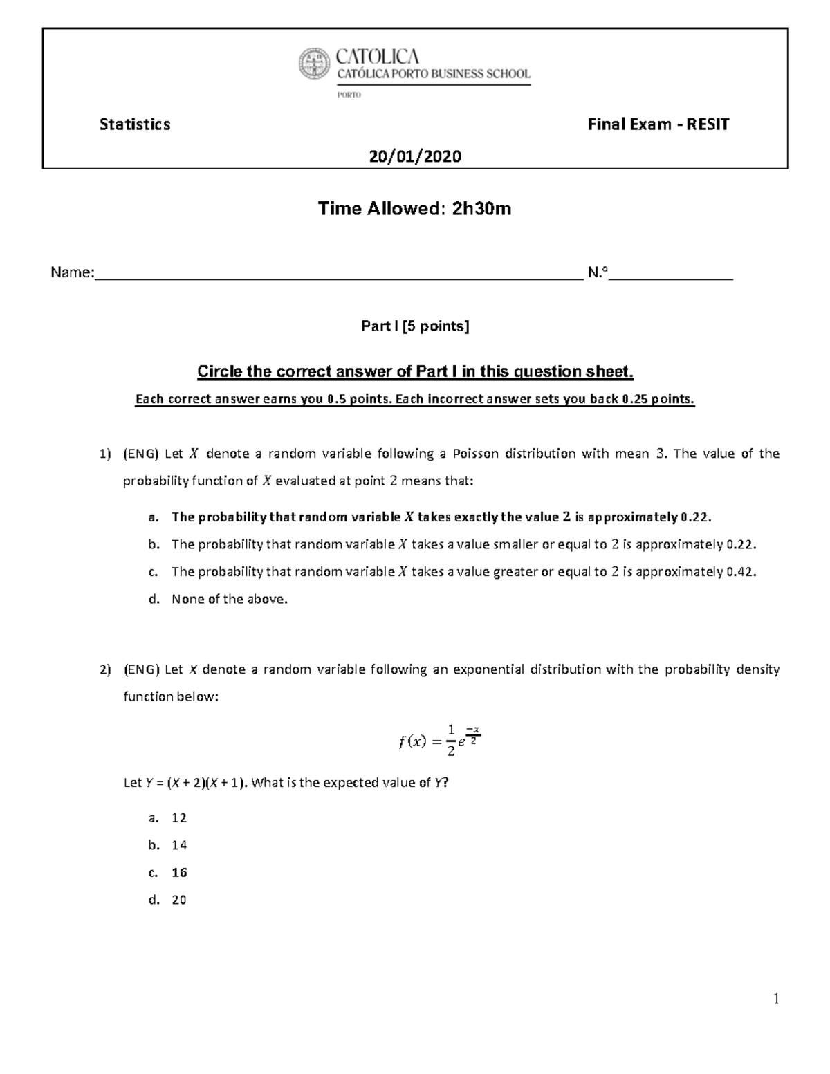 Resit EXAM 2019 2020 Solutions - Statistics Final Exam - RESIT 20/01 ...