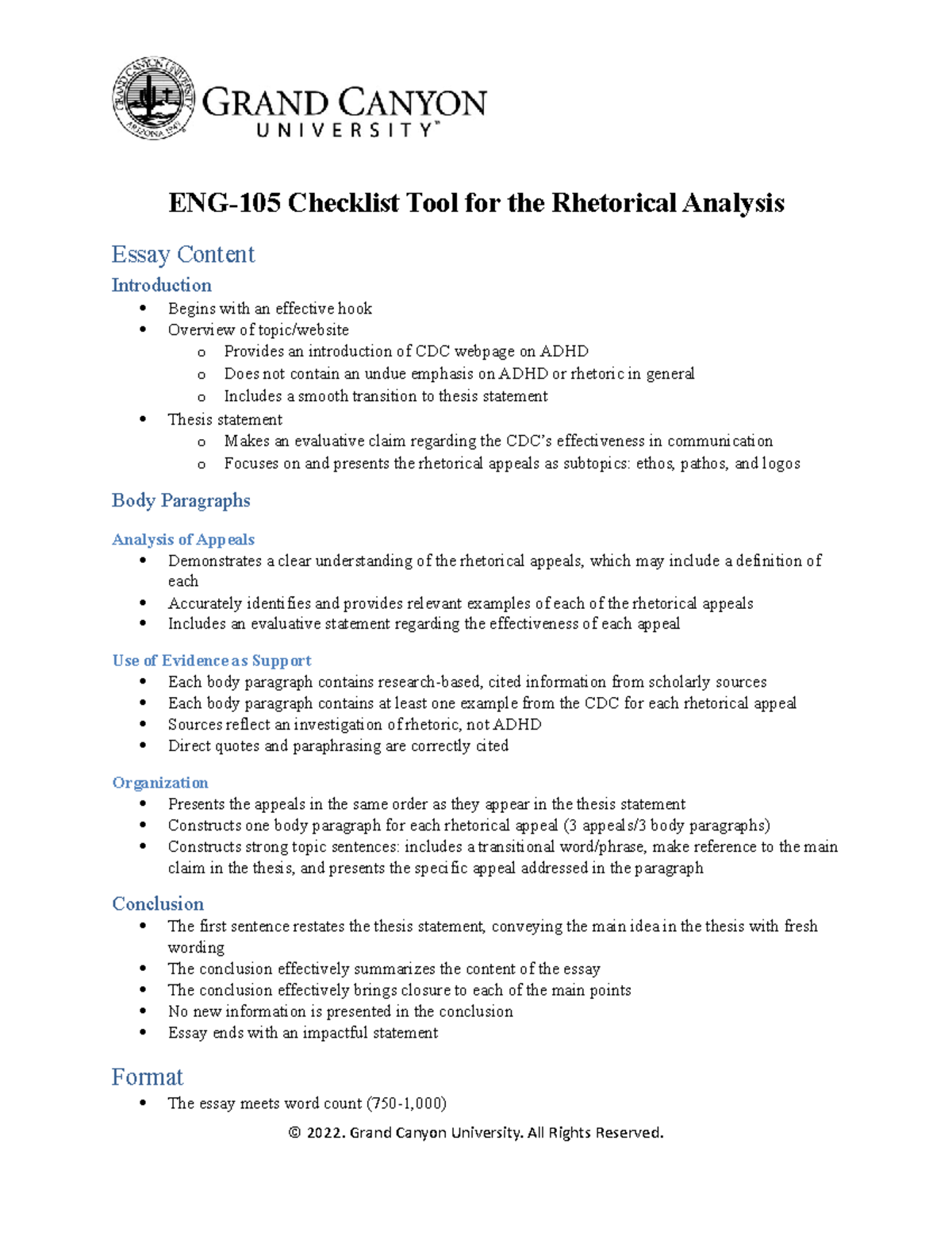 ENG-105 Checklist Tool - Grand Canyon University. All Rights Reserved ...