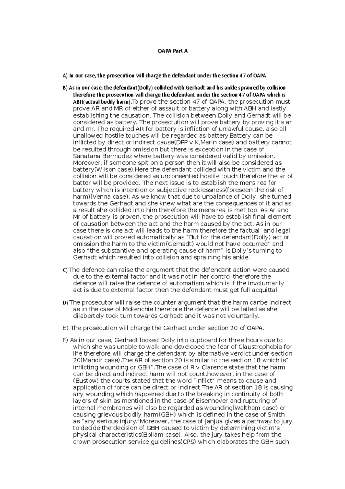 OAPA Part A 2 - offence agaisnt person act - OAPA Part A A) In our case ...