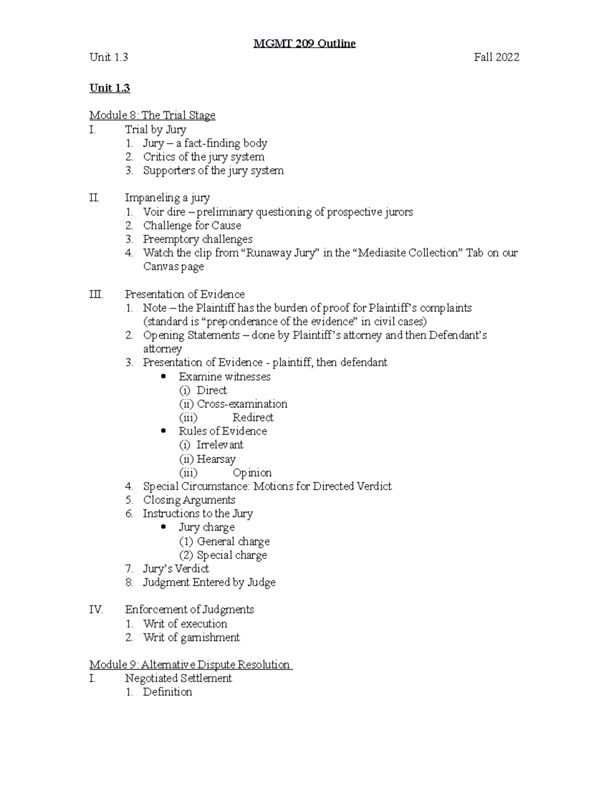 Unit 1.3 Outline - class notes - MGMT 209 Outline Unit 1 Fall 2022 Unit ...