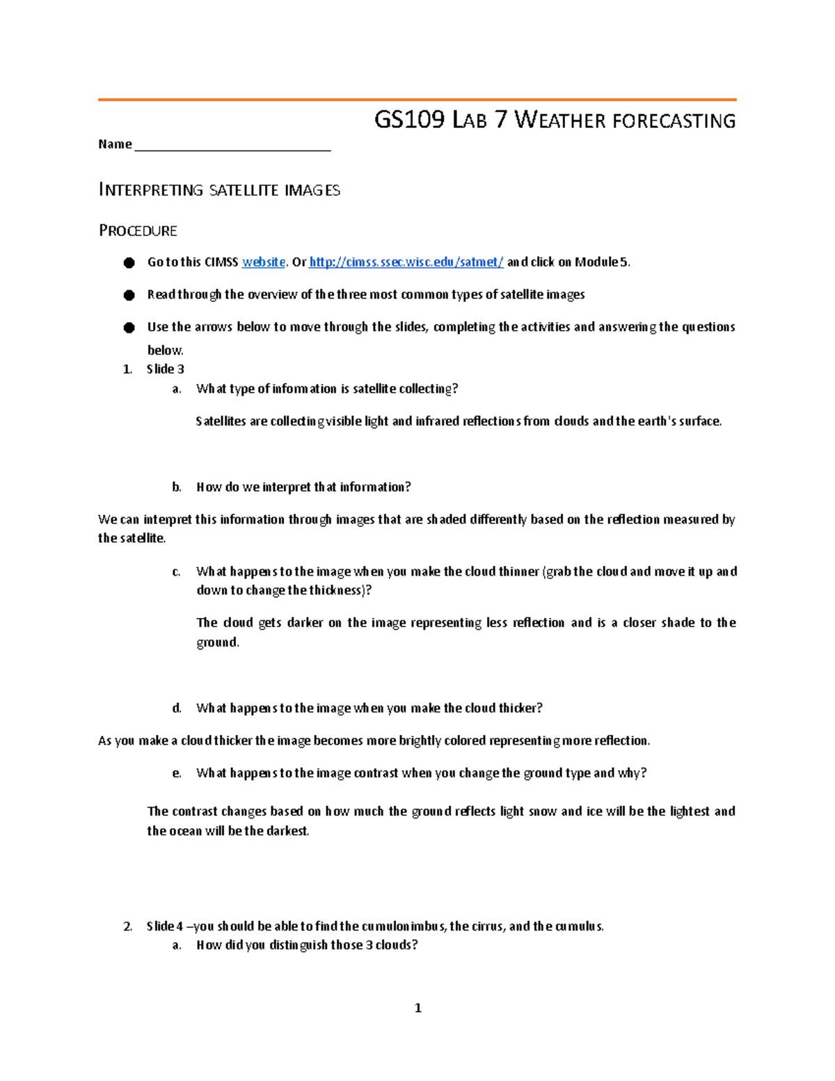 Copy of Lab 7 Weather Forecasting with Satellites - GS109 LAB 7 WEATHER ...