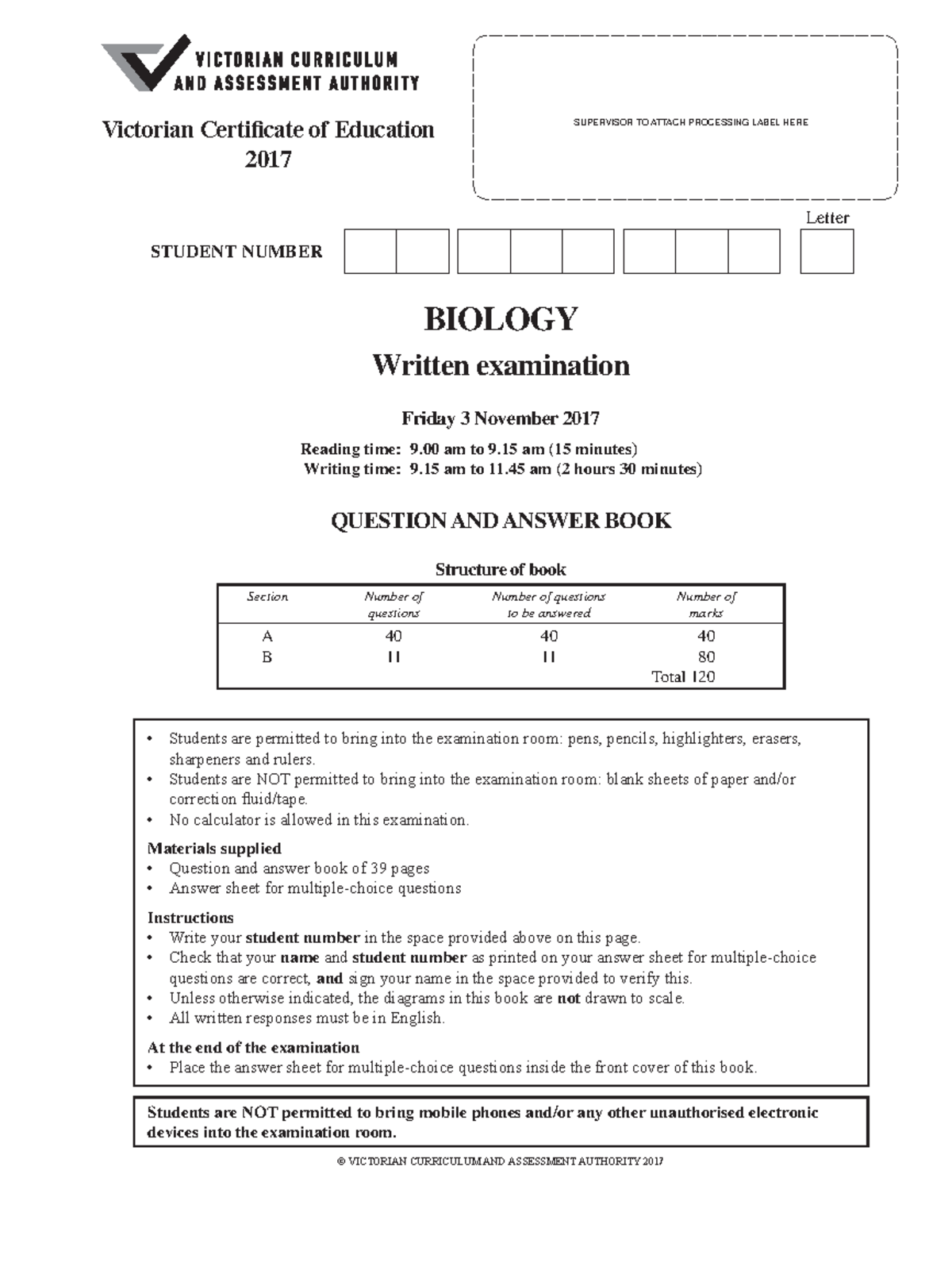 2017 biology-w - VCE biology past exam paper - BIOLOGY Written ...
