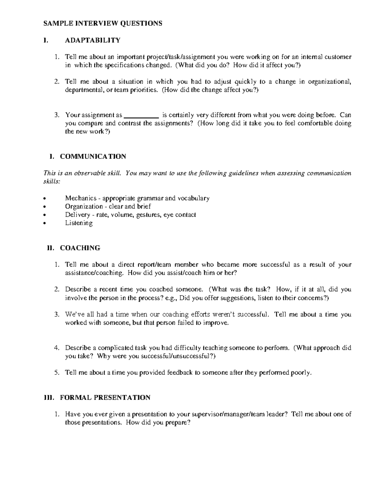 Sample Interview Questions - SAMPLE INTERVIEW QUESTIONS I. ADAPTABILITY ...