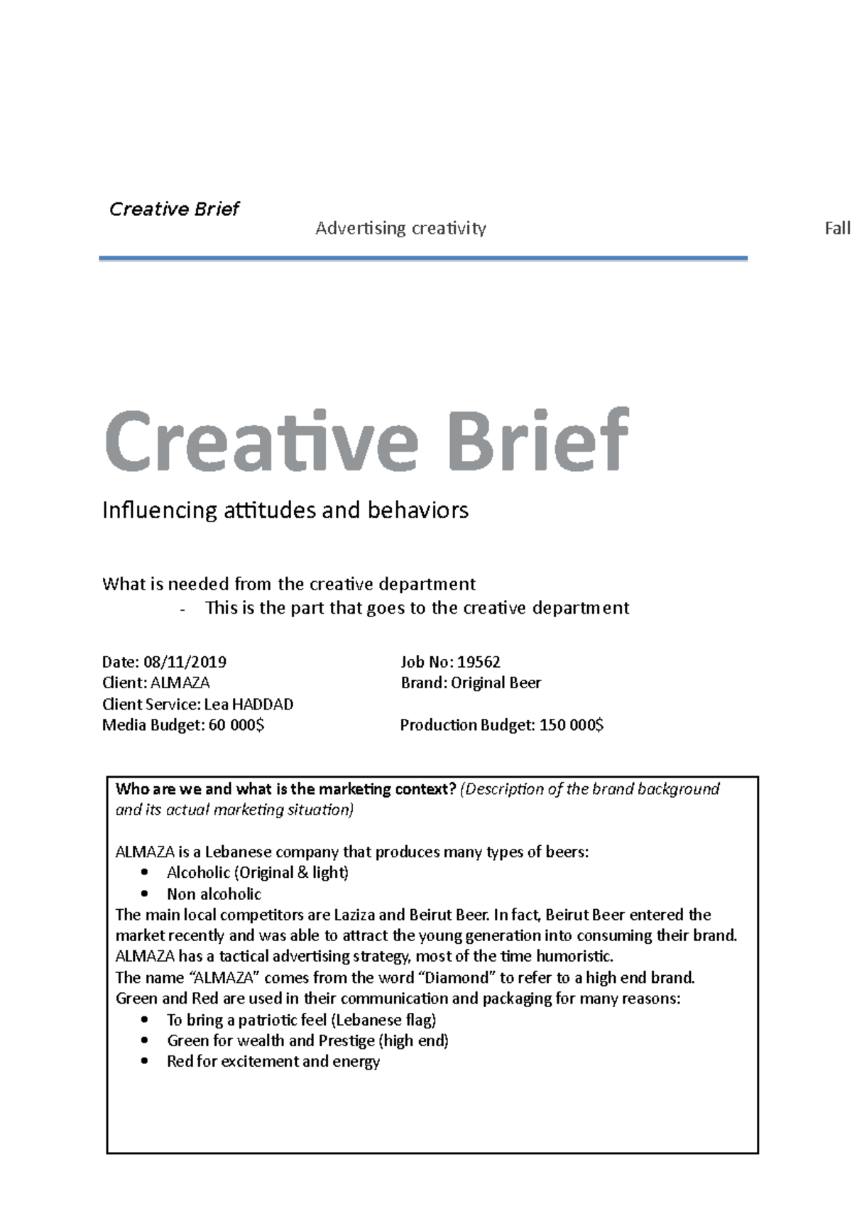 Creative brief: Almaza - Advertising creativity Fall Creative Brief ...