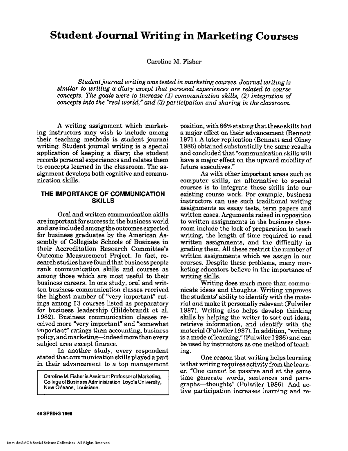 Student Journal Writing in Marketing Courses - Fisher Student journal ...
