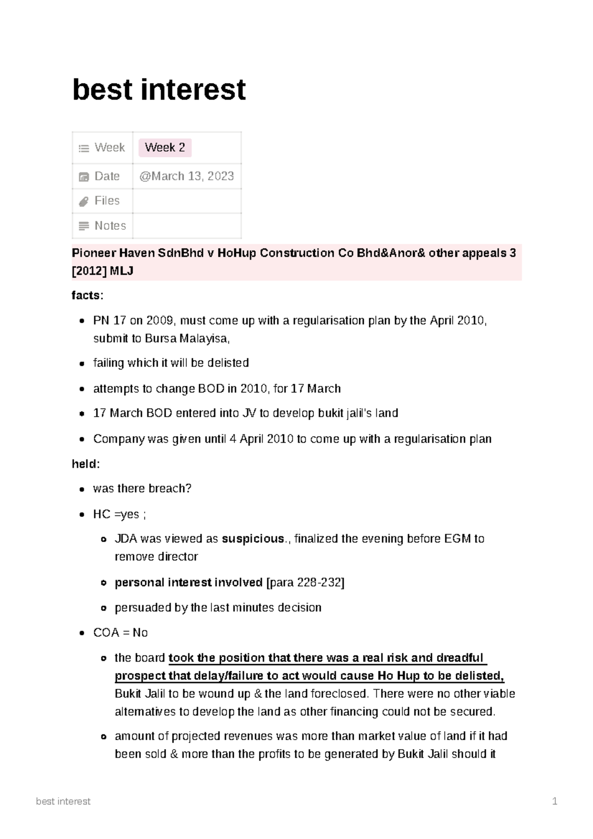 Best interest notion - lecture notes. - best interest Week Week 2 Date ...