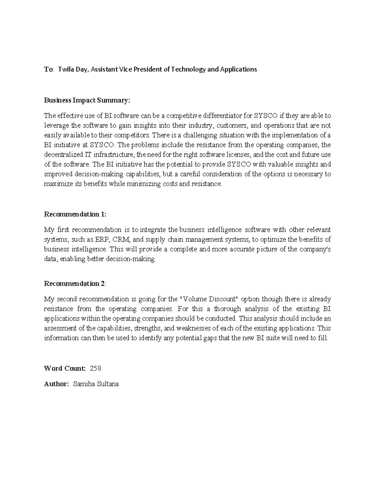 Annotated- Sysco%20Case%20Report - To: Twila Day, Assistant Vice ...