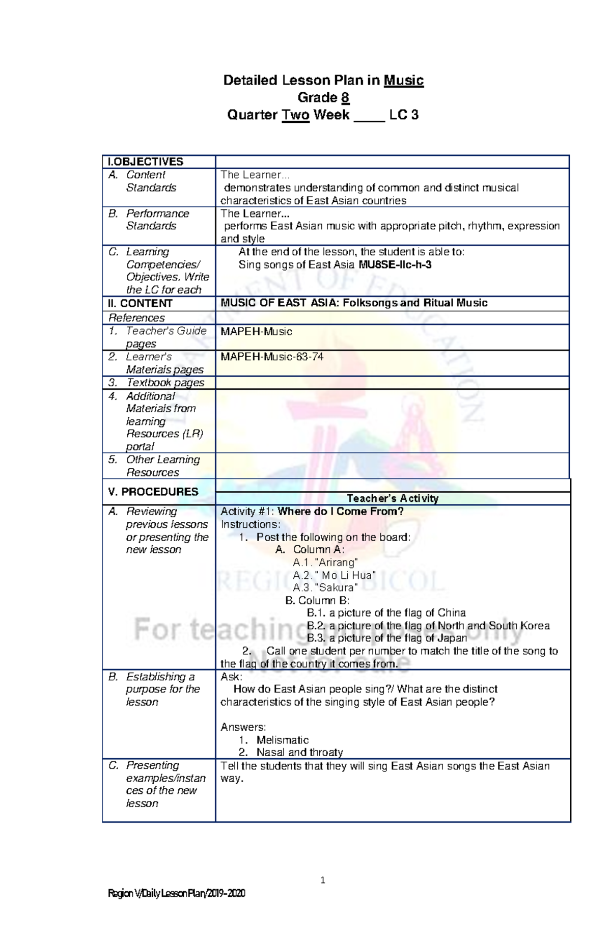Toaz - lesson plan - 1 Region V/Daily Lesson Plan/2019- 2020 Detailed ...