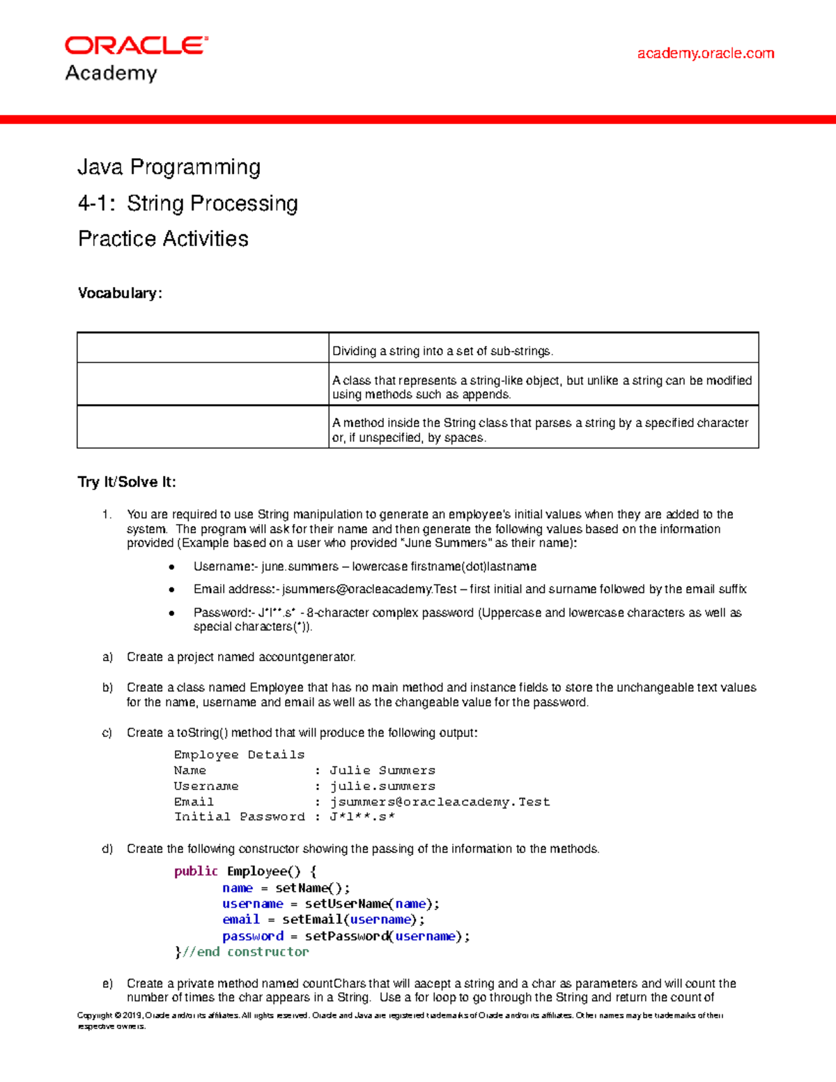 JP 4 1 Practice - Oracle Java Programming - Copyright © 2019 , Oracle ...