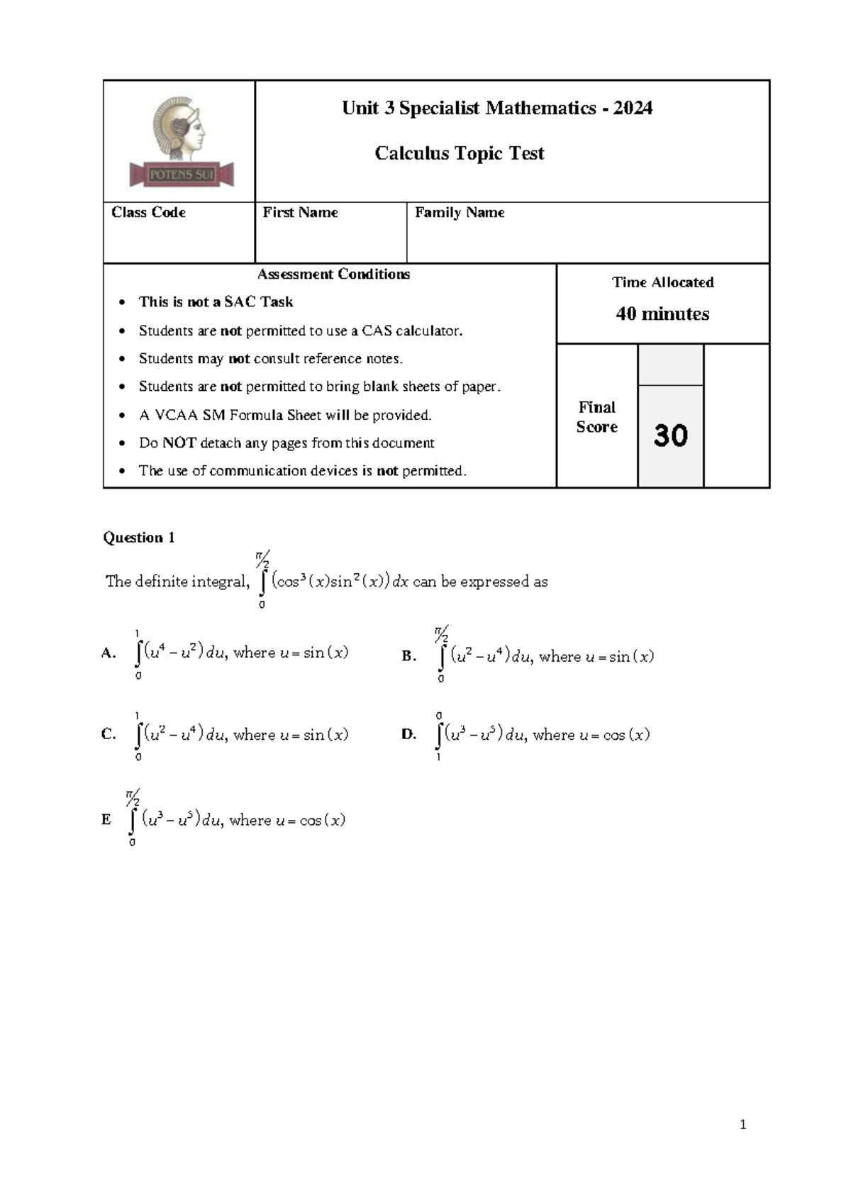 SM 24 Calculus Topic Test - Unit 3 Specialist Mathematics - 2024 ...