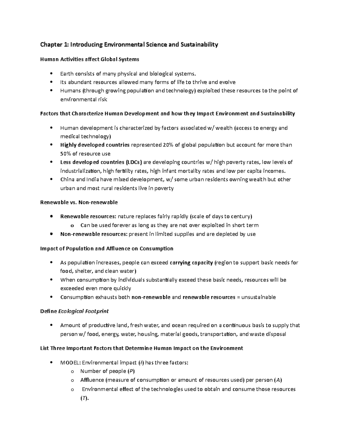 Chapters 1 and 3 Environmental Science and Sustainability - Chapter 1 ...