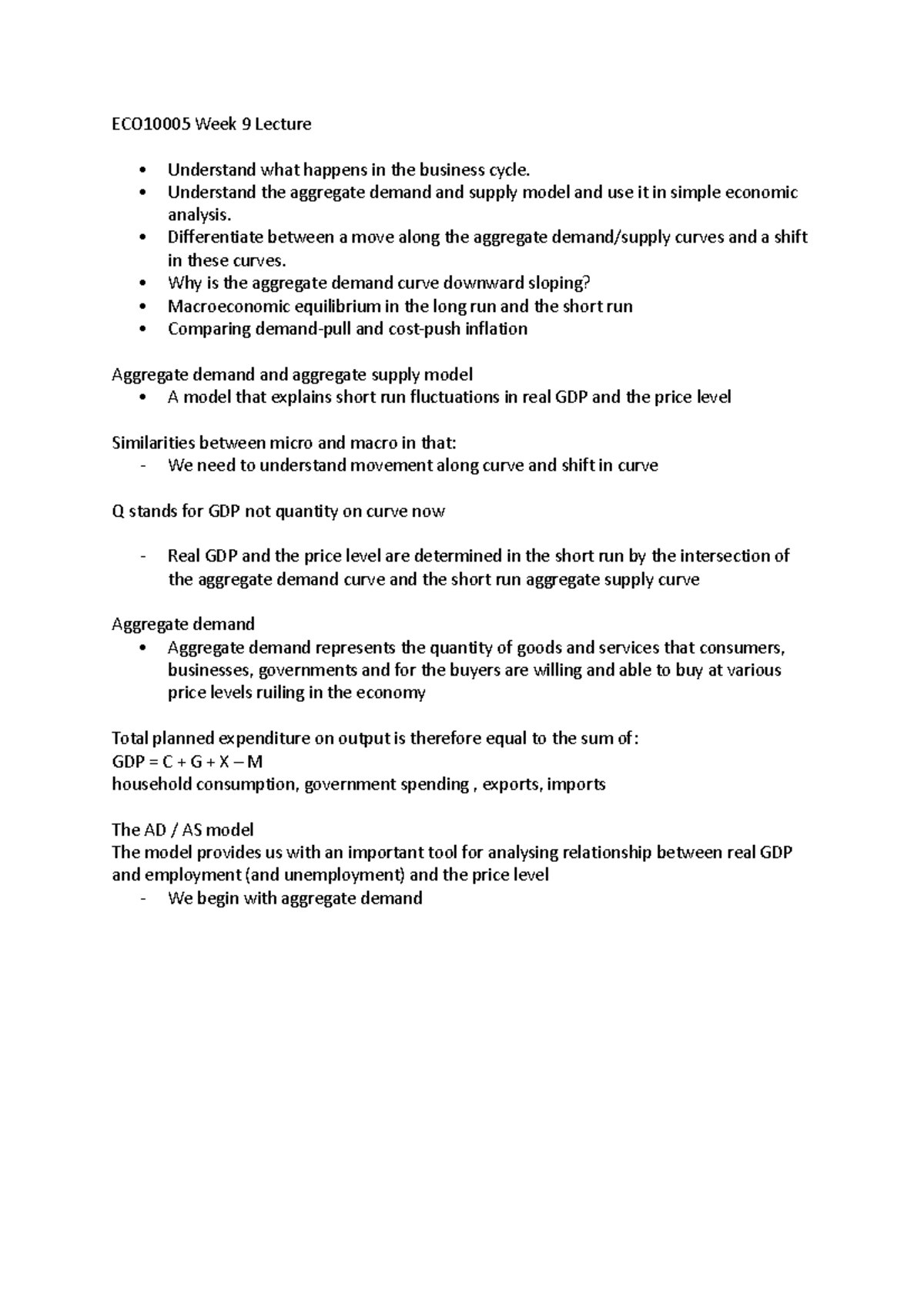 ECO10005 Week 9 Lecture - ECO10005 Week 9 Lecture Understand what happens in the business cycle ...