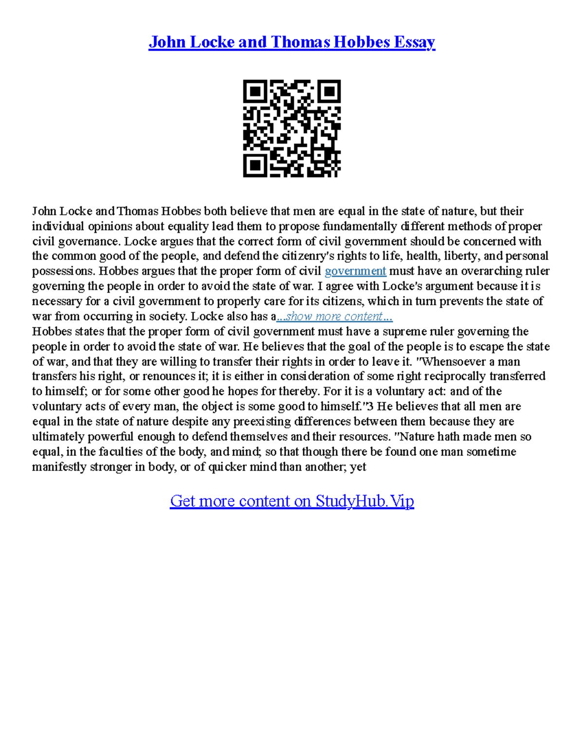 Thomas Hobbes Essay - John Locke and Thomas Hobbes Essay John Locke and ...