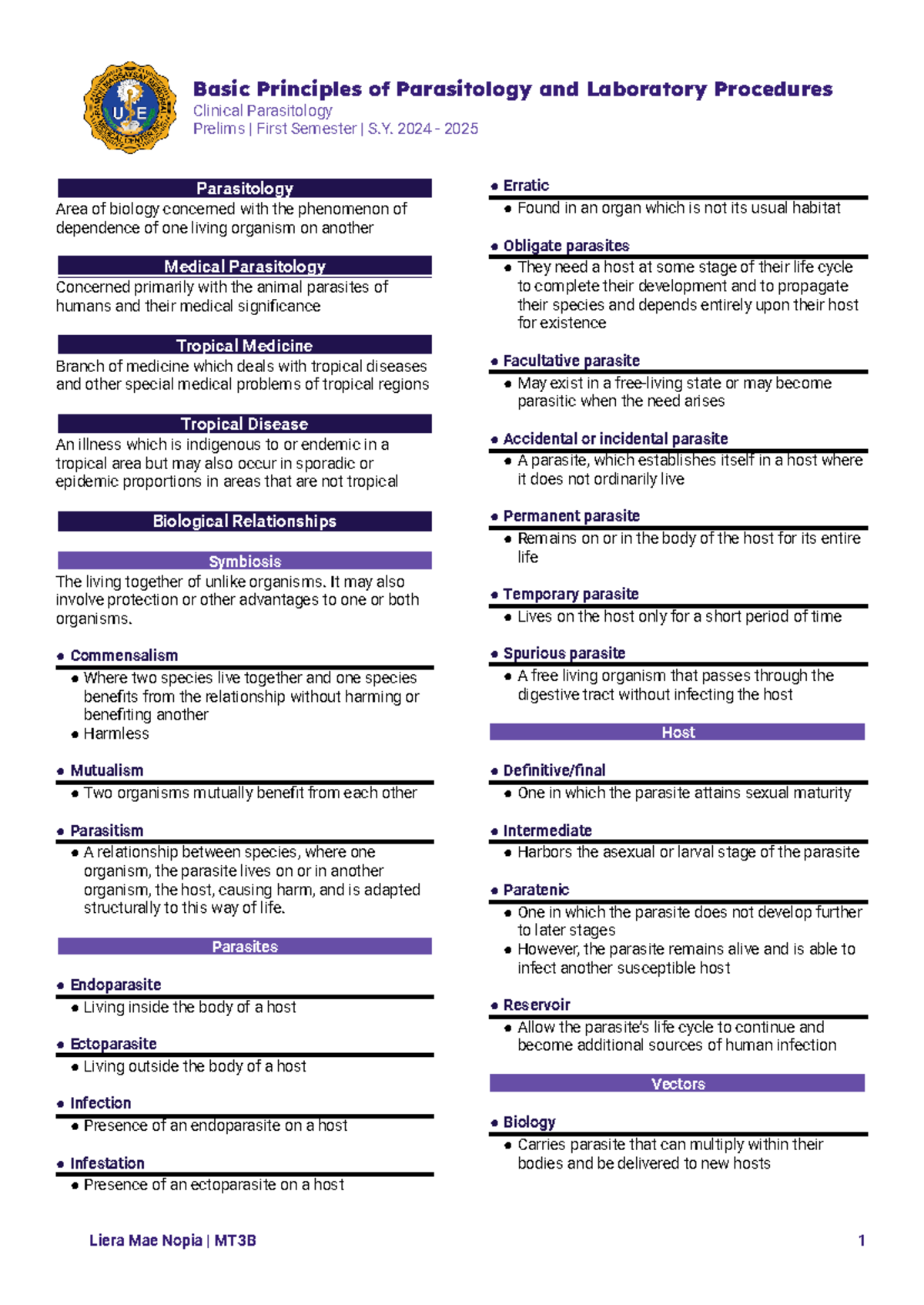 Week 1 - Basic Principles of Parasitology and Laboratory Procedures ...
