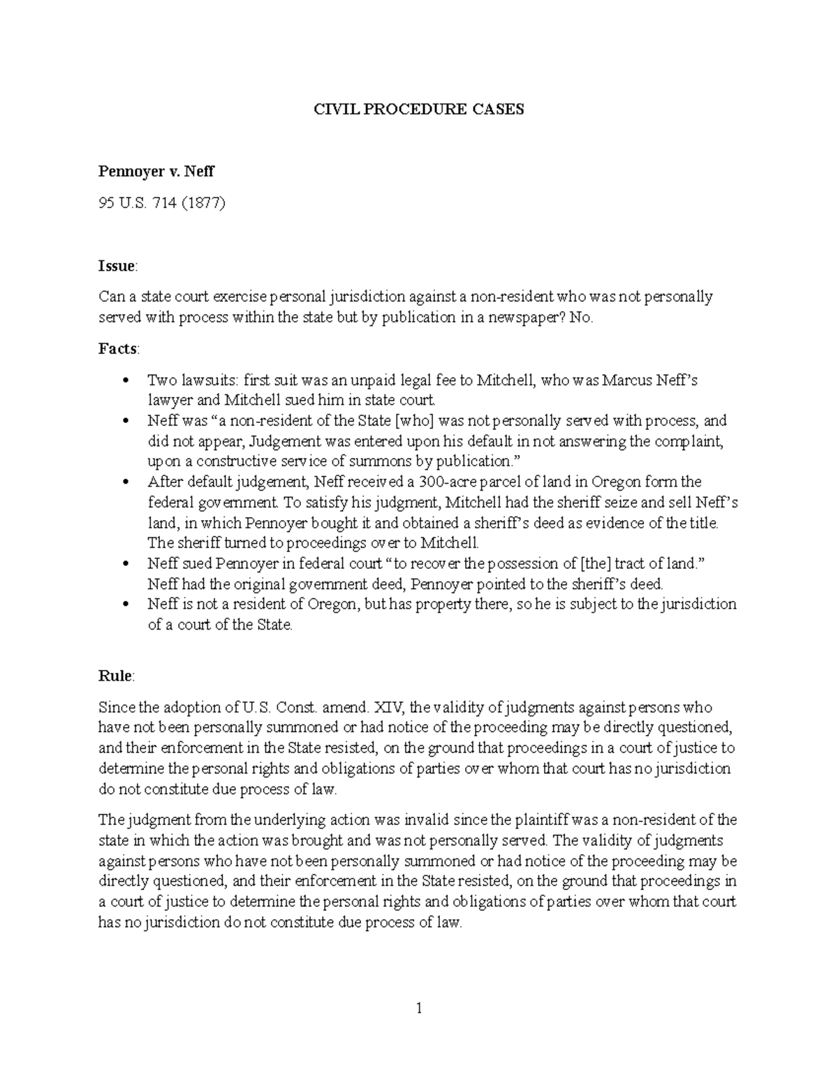 Civil Procedure Case Briefs - CIVIL PROCEDURE CASES Pennoyer v. Neff 95 ...