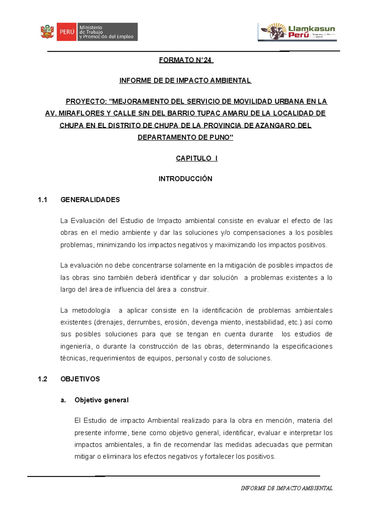 Impacto Ambiental - FORMATO N° INFORME DE DE IMPACTO AMBIENTAL PROYECTO ...