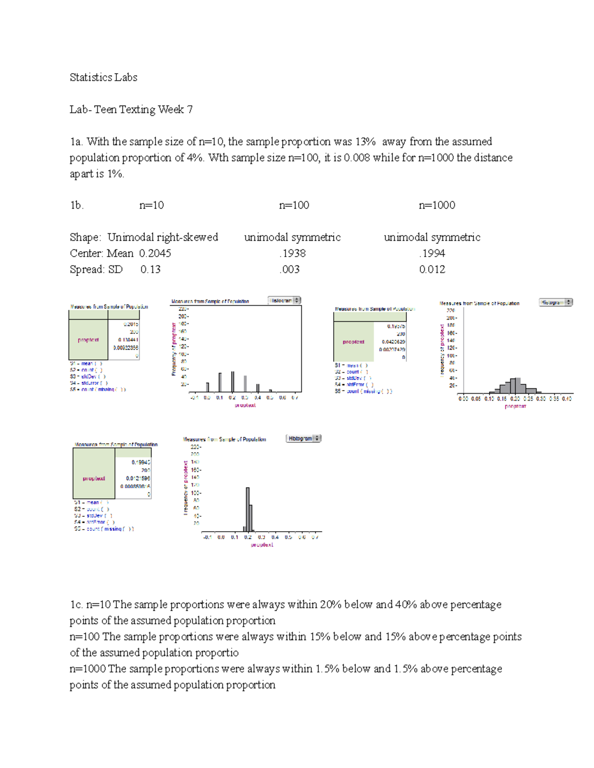 Stats 10 Week7Lab - Lab Results - Statistics Labs Lab- Teen Texting ...