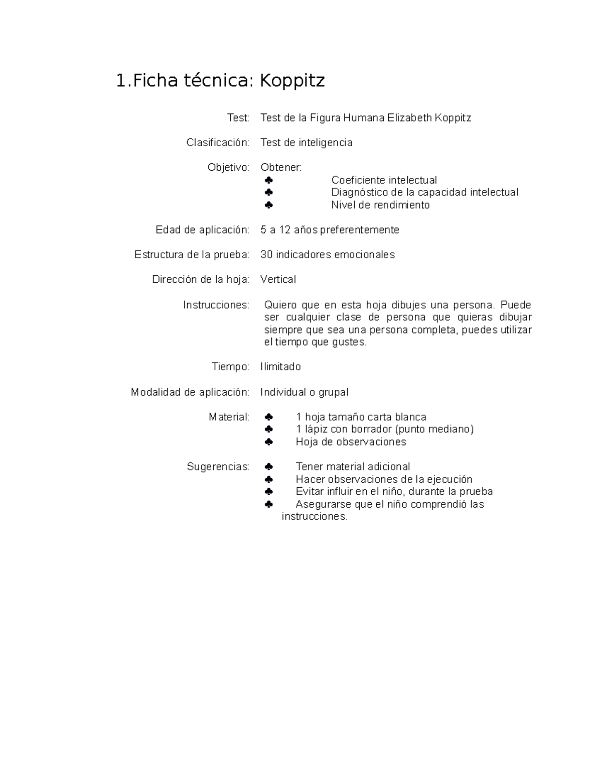 Ficha Tecnica Kopitz - 1 técnica: Koppitz Test: Test de la Figura ...