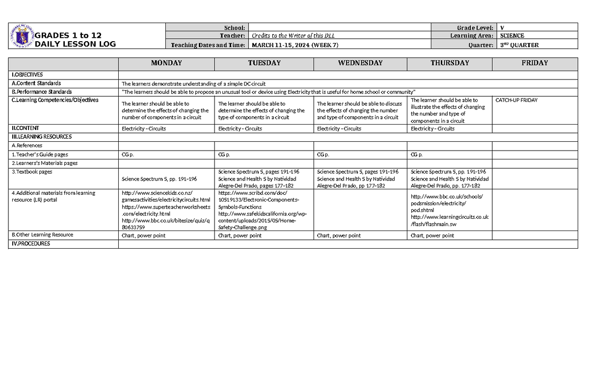DLL Science 5 Q3 W7 - FOR DOWNLOAD - GRADES 1 to 12 DAILY LESSON LOG ...