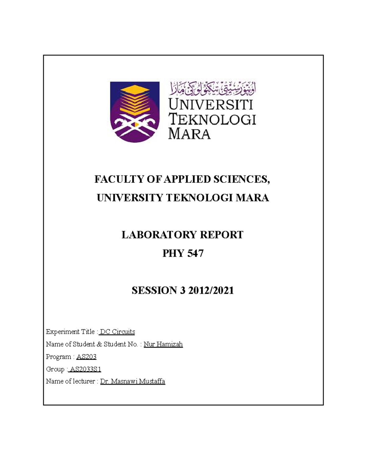 PHY 547 Experiment 1 DC Circuits - FACULTY OF APPLIED SCIENCES ...