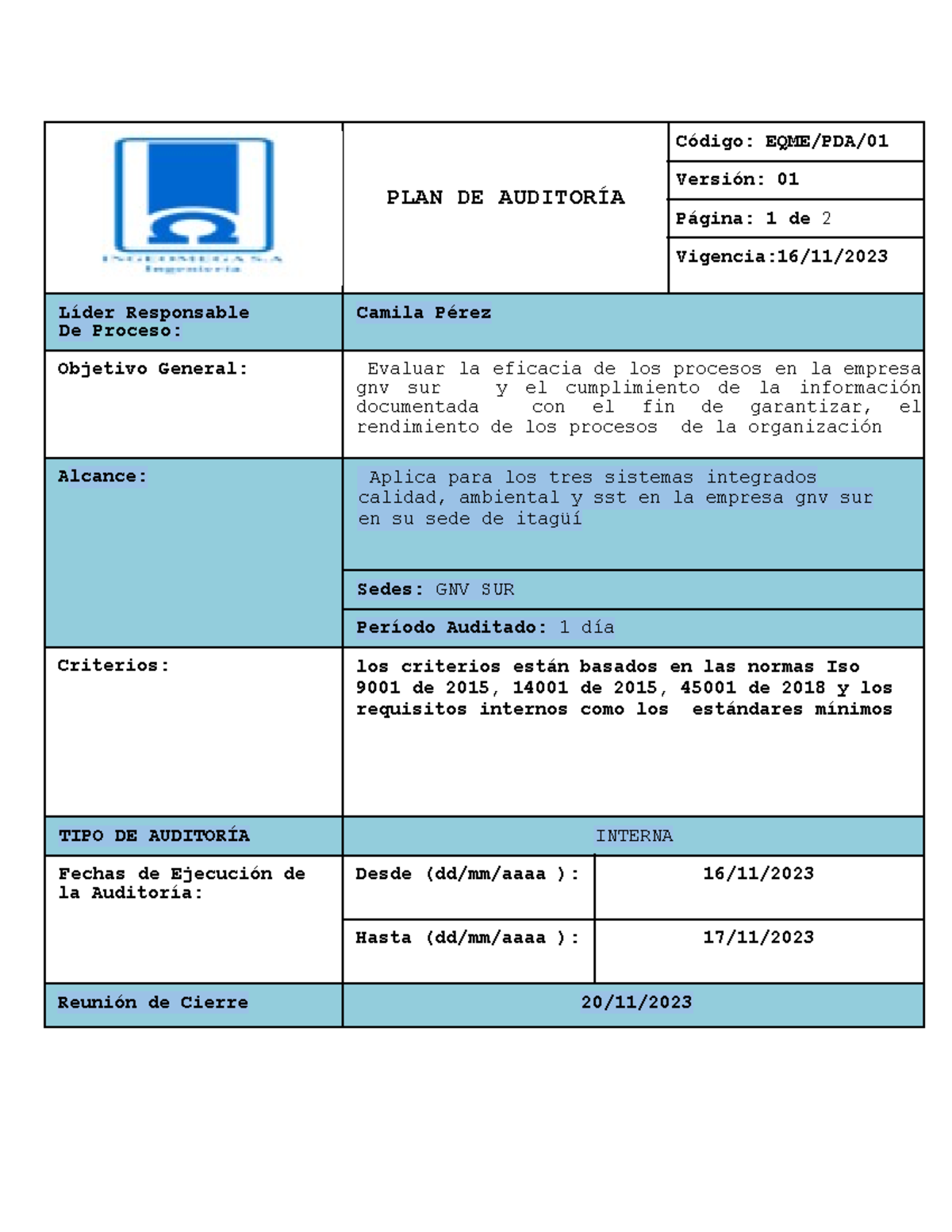 EQME-PDA-01 - PLAN DE AUDITORÍA Código: EQME/PDA/0 1 Versión: 01 Página ...