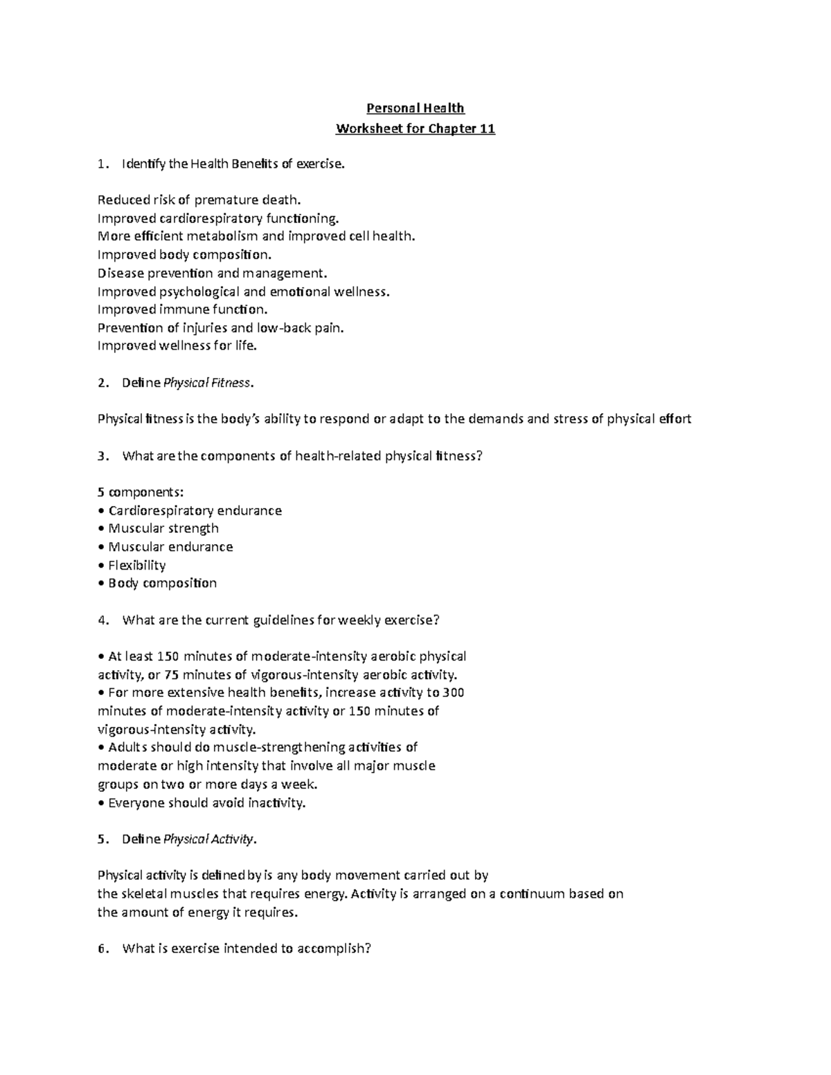 PH Worksheet for Chapter 11 - Personal Health Worksheet for Chapter 11 ...