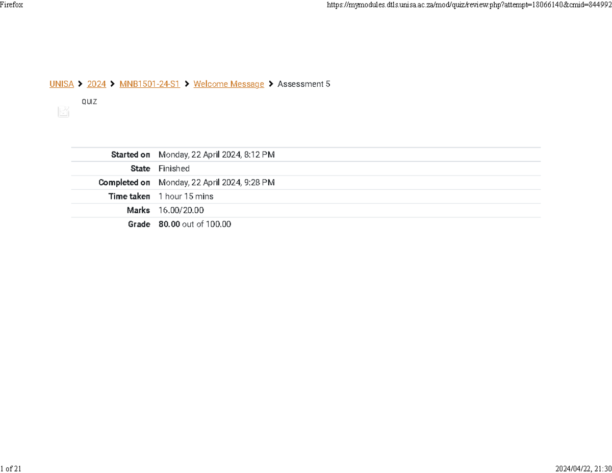 MNB1501 Assessment 5 Attempt review 1 - UNISA 2024 MNB1501-24-S1 ...