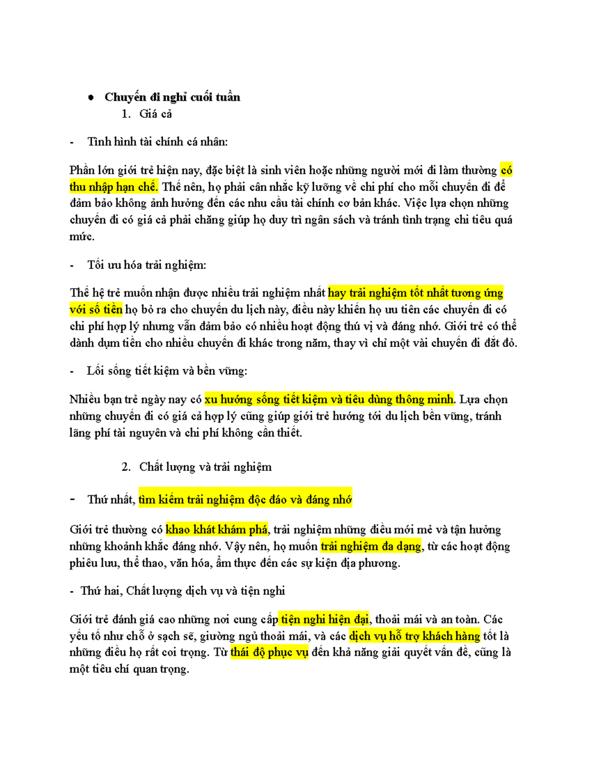 Hvkh - Hành vi khách hàng - Chuyến đi nghỉ cuối tuần 1. Giá cả - Tình ...