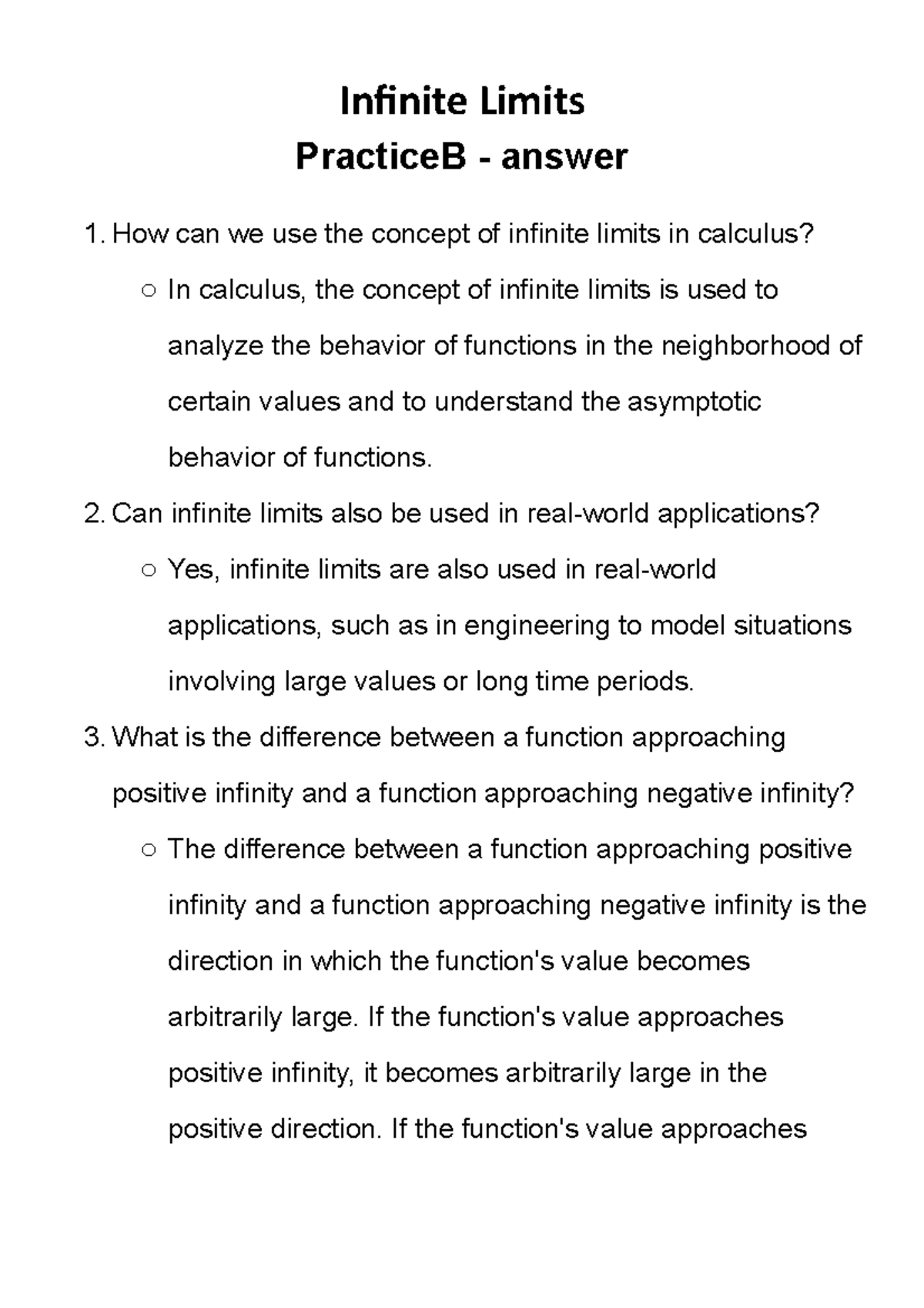 Infinite Limits Practice B - answer - Infinite Limits PracticeB ...