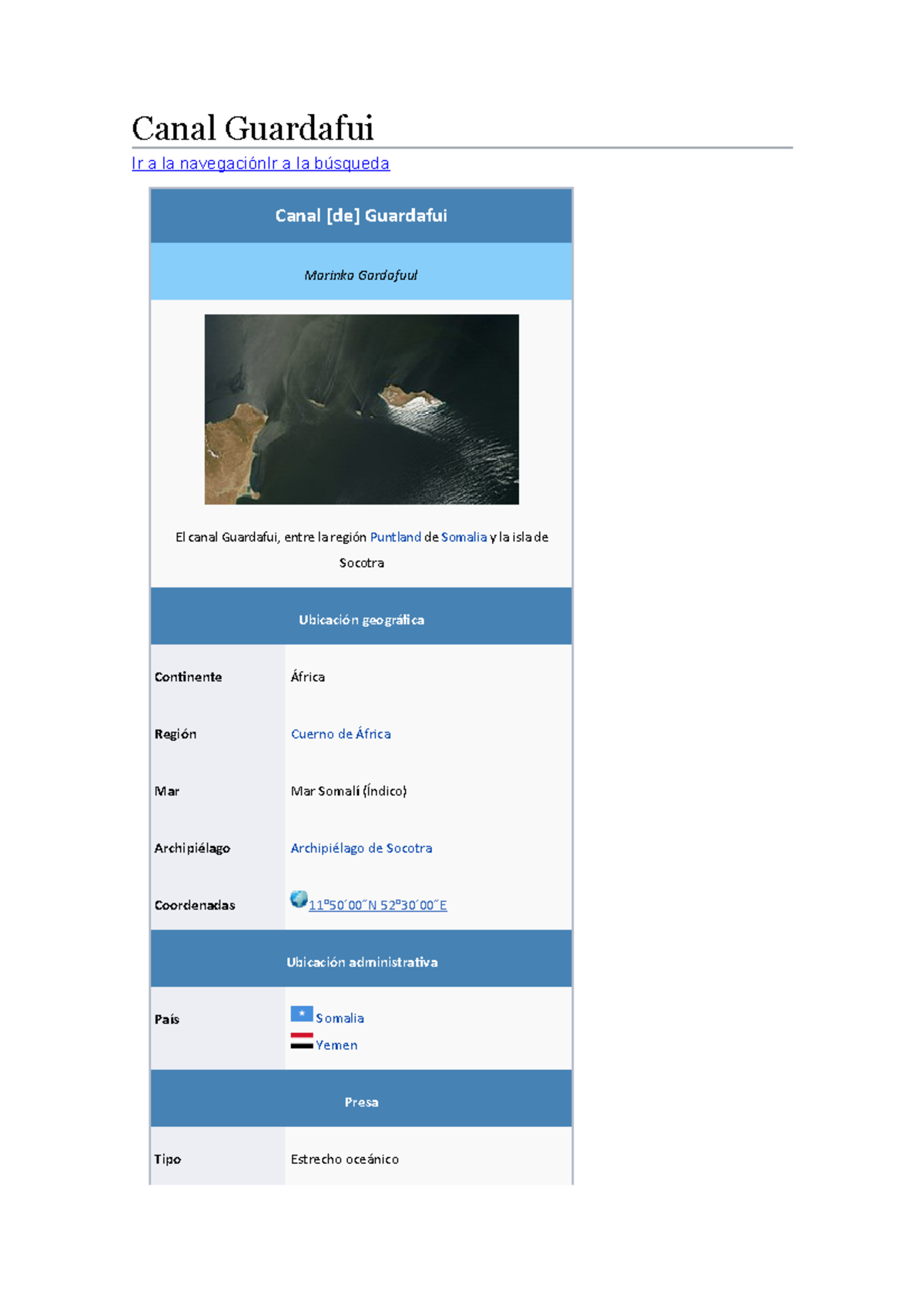 El canal [de] Guardafui (en somalí, Marinka Gardafuul) es un estrecho ...