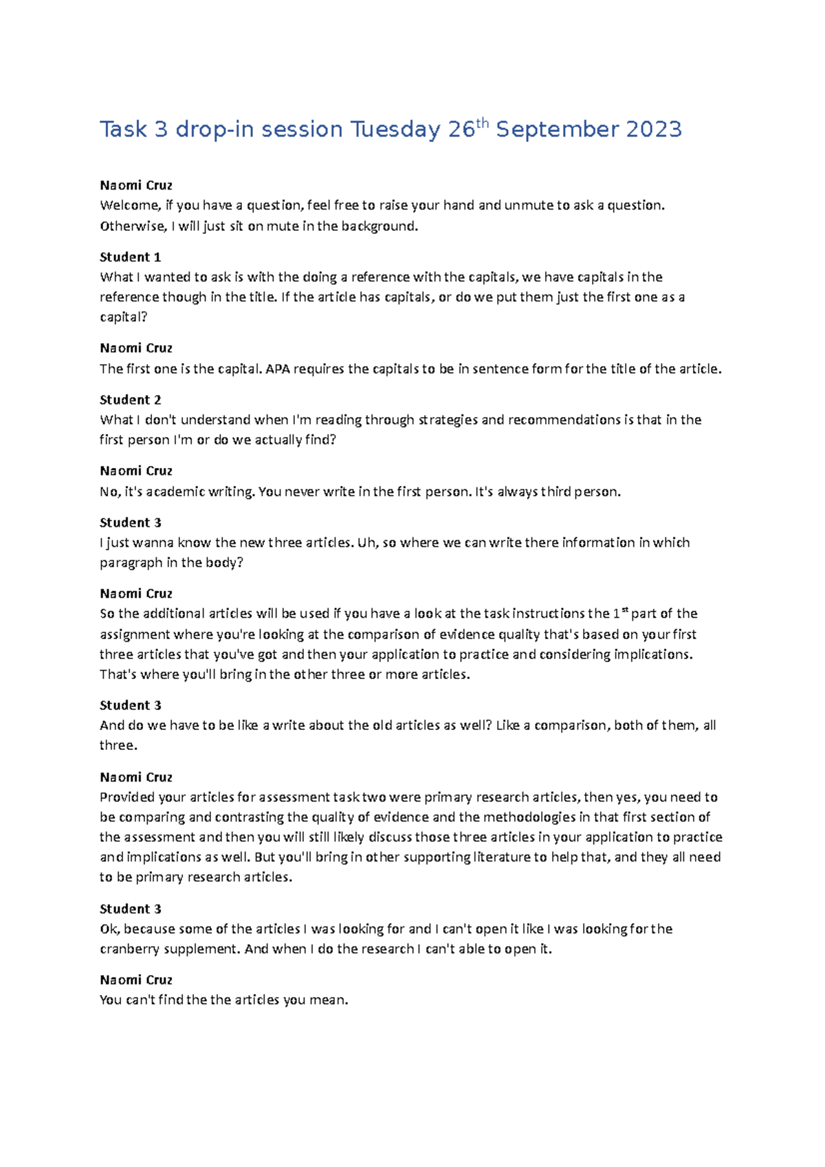 Nurbn 1015 T3 Drop in session Transcript 26 Sept - Task 3 drop-in ...