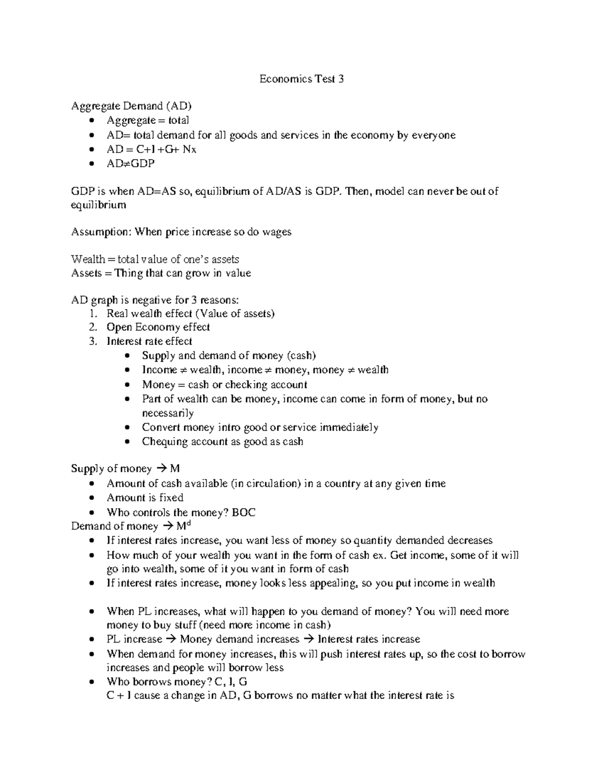 Economics Test 3 - notes for third test - Economics Test 3 Aggregate ...