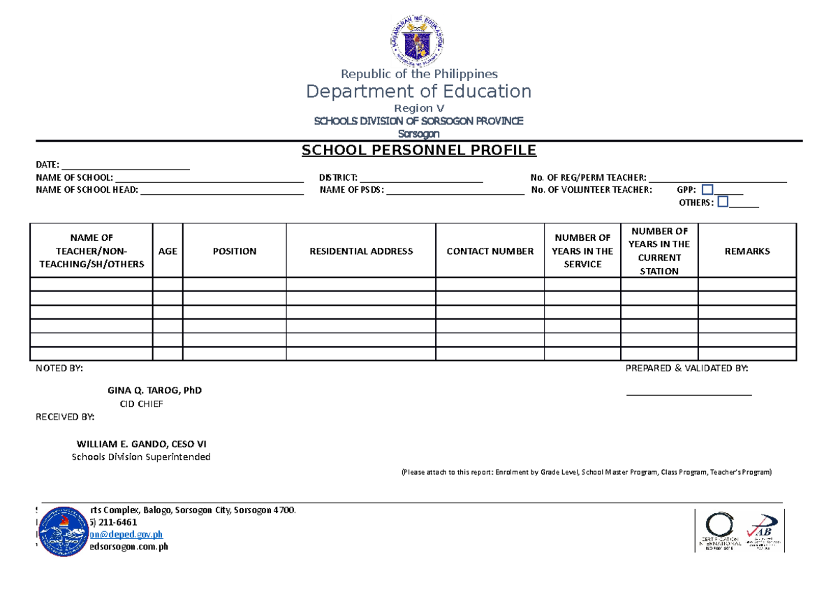 School Personnel Profile 2 - Republic of the Philippines Department of ...