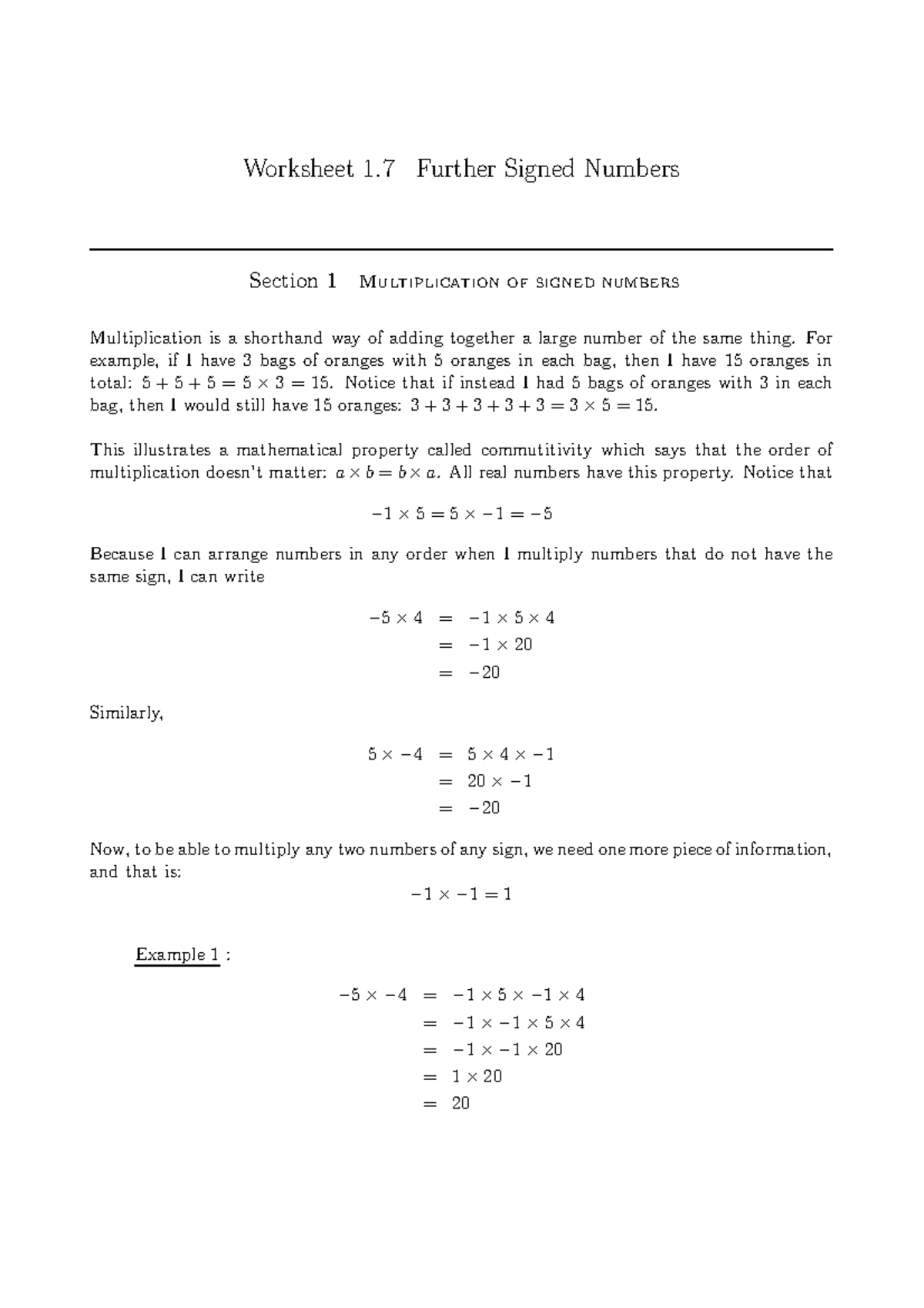 1.7 Further Signed Numbers - Worksheet 1. 7 Further Signed Numbers ...