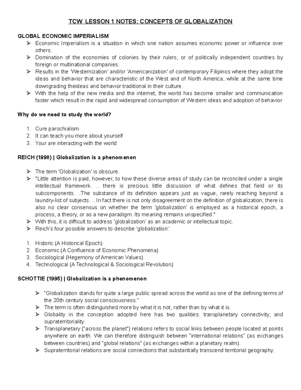 Tcw Lesson 1 Notes Concepts Of Globalization Introduction And Definitions Tcw Lesson 1
