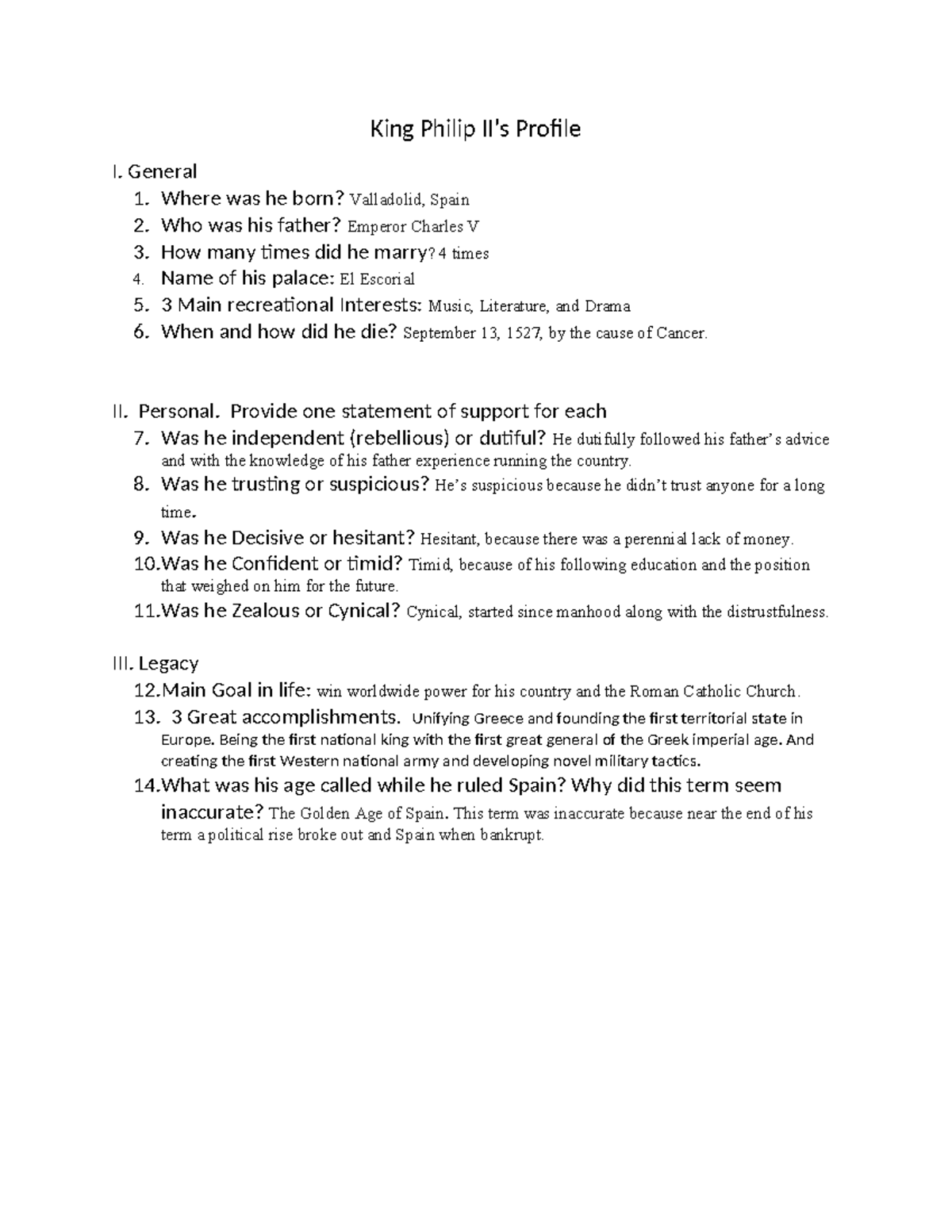 King Philip Profile - Work - King Philip II’s Profile I. General 1 ...